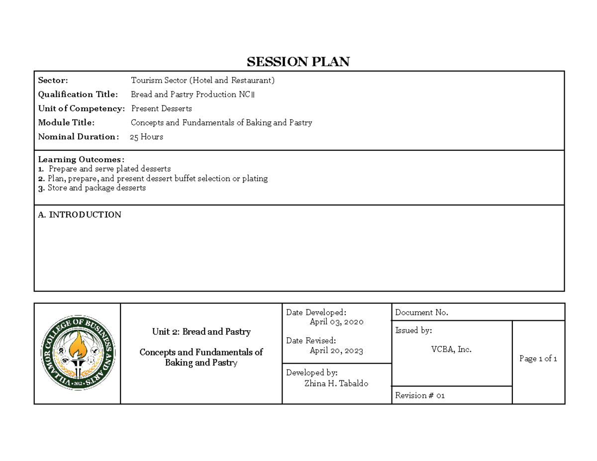 Session PLAN - WBL - SESSION PLAN Sector: Tourism Sector (Hotel and ...