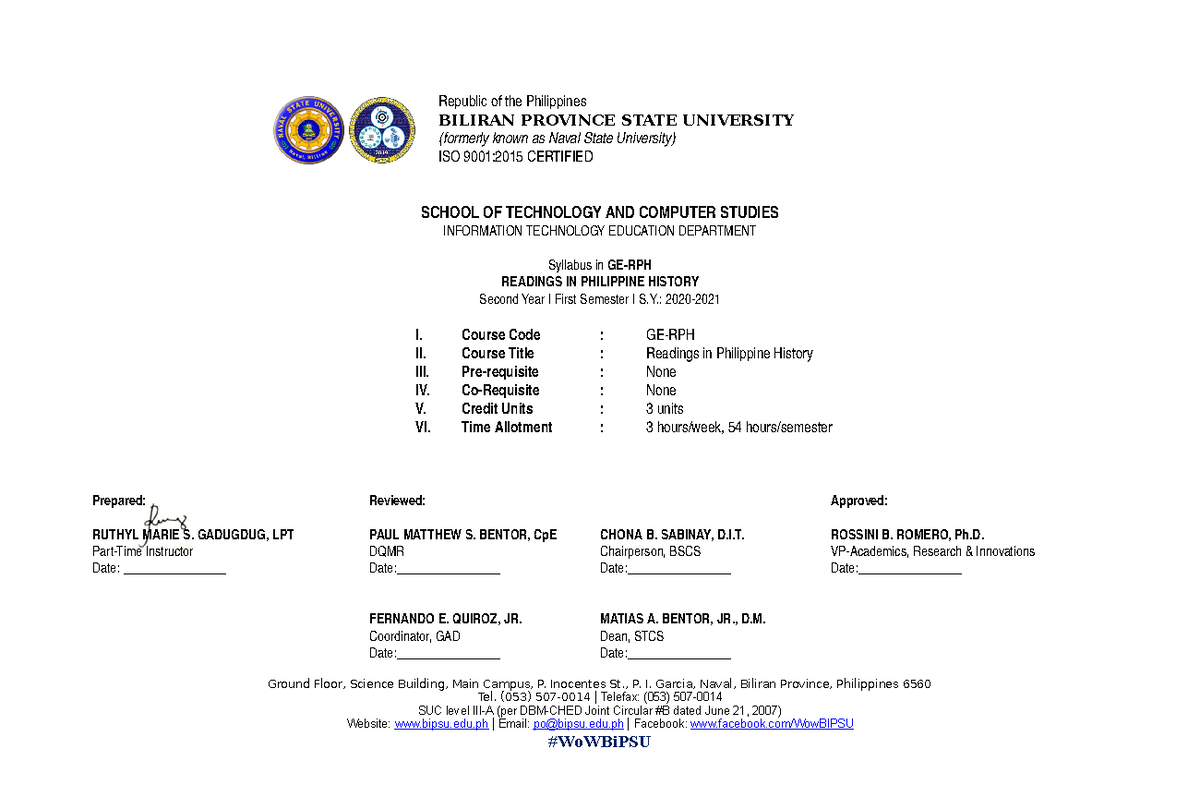 GE-RPH syllabus - Republic of the Philippines BILIRAN PROVINCE STATE ...