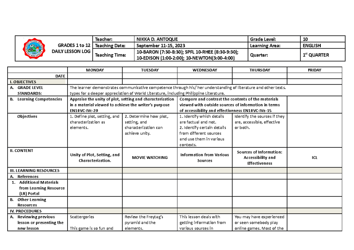 English 10 q1 w3 - GRADES 1 to 12 DAILY LESSON LOG Teacher: NIKKA D ...