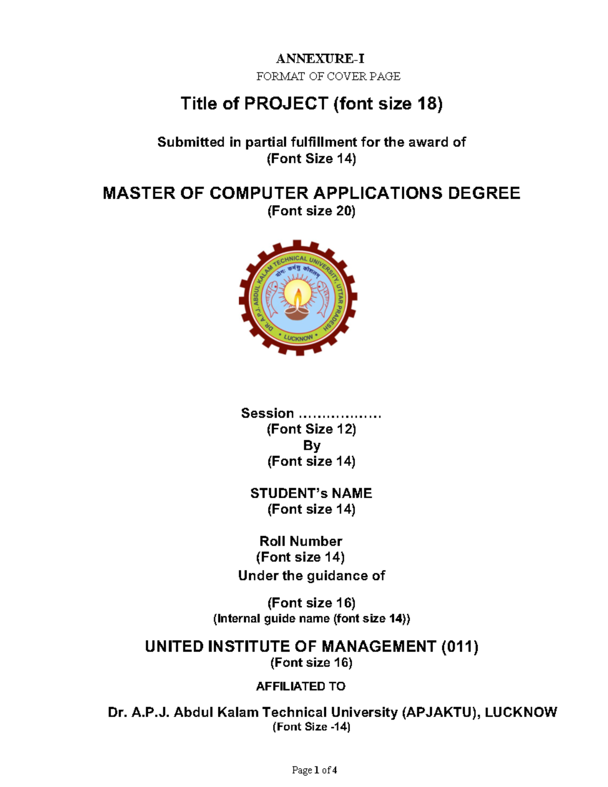 Mini Project Format - ANNEXURE-I ####### FORMAT OF COVER PAGE Title of PROJECT (font size 18 ...