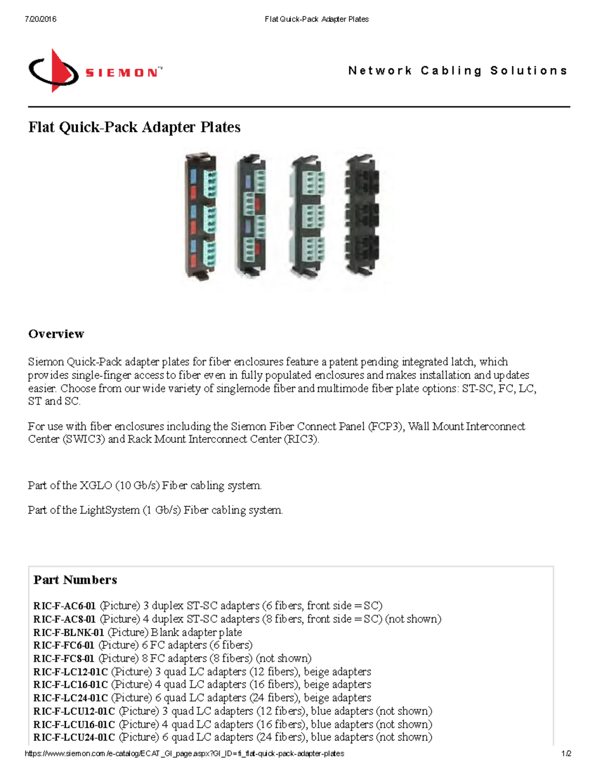 Ricfac 601 - tecnica - 7/20/2016 Flat QuickPack Adapter Plates siemon ...