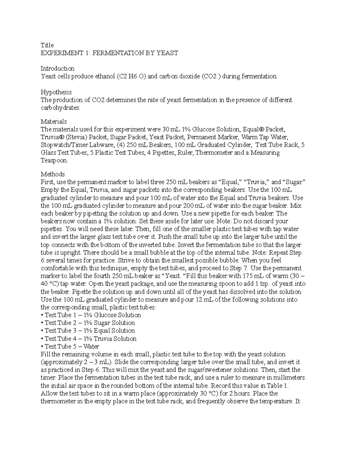 EXPERIMENT 1: FERMENTATION BY YEAST - Title EXPERIMENT 1: FERMENTATION ...