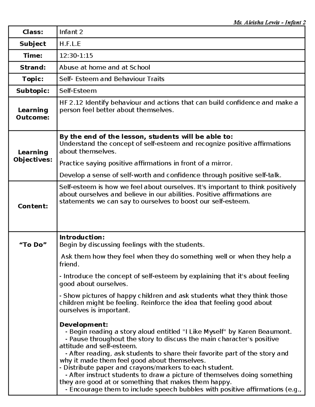 HFLE- Self Esteem - Ms. Aleisha Lewis - Infant 2 Class: Infant 2 ...