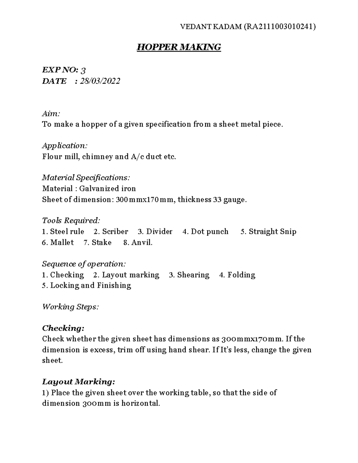 Experiment 4) Hopper making - VEDANT KADAM(RA2111003010241) HOPPER ...