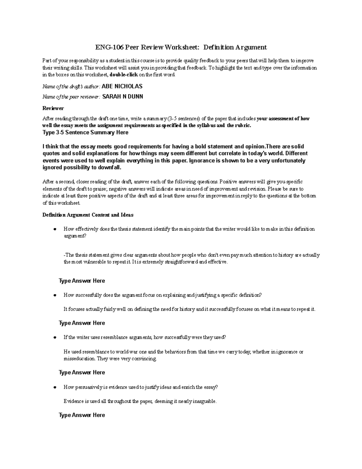 Reviewing dictation essay - ENG-106 Peer Review Worksheet: Definition ...