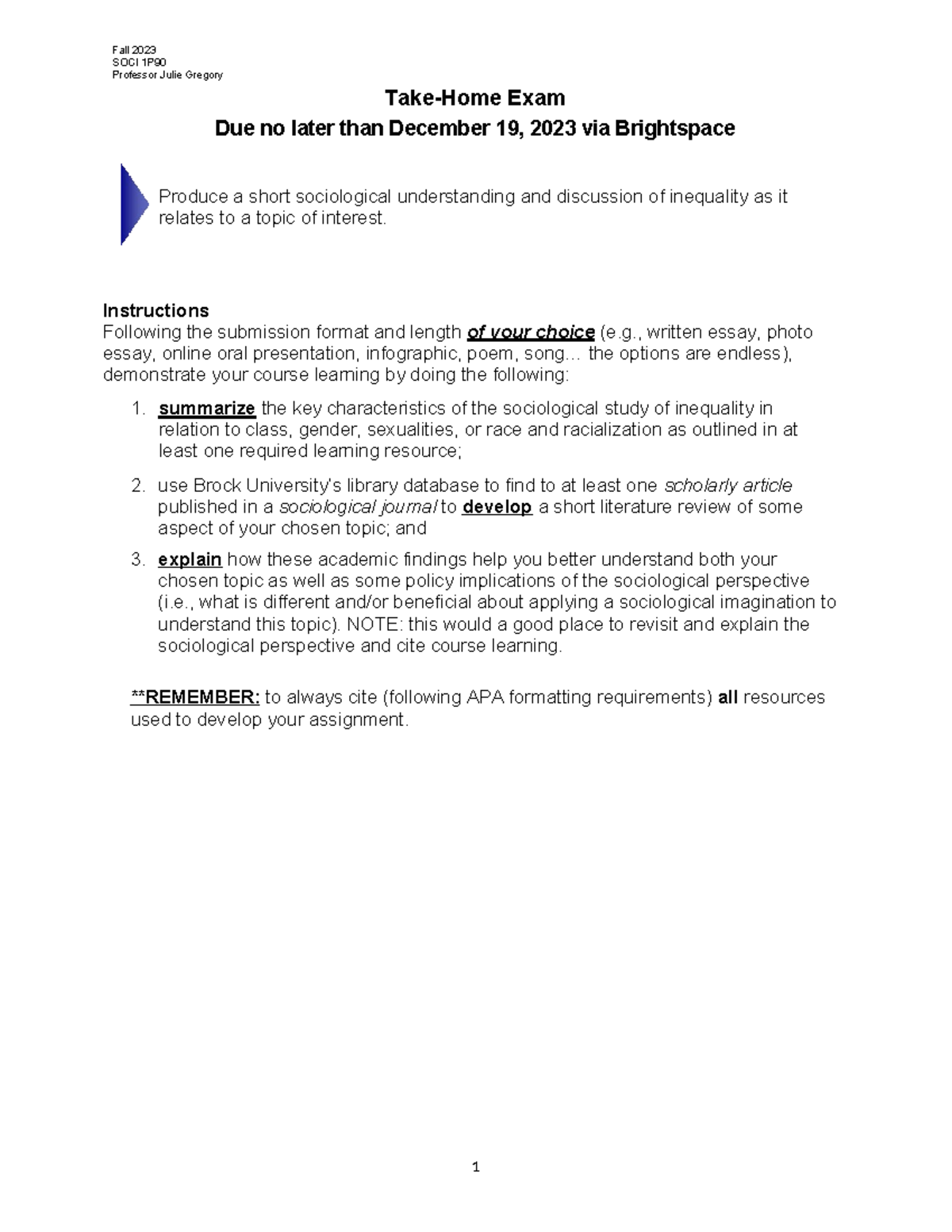 Take-home exam - Take home exam instructions - Fall 2023 SOCI 1P ...