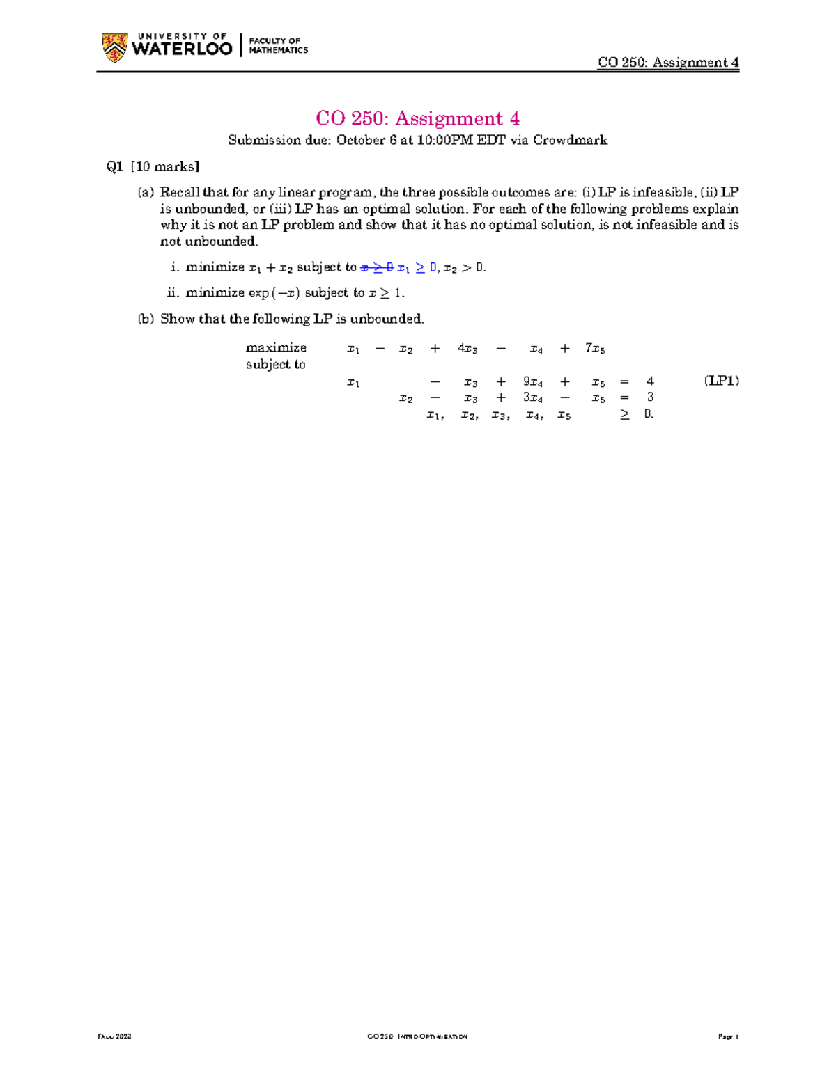 a4faddfsafdsafdsa - CO 250: Assignment 4 CO 250: Assignment 4 Submission due: October 6 at 10 ...