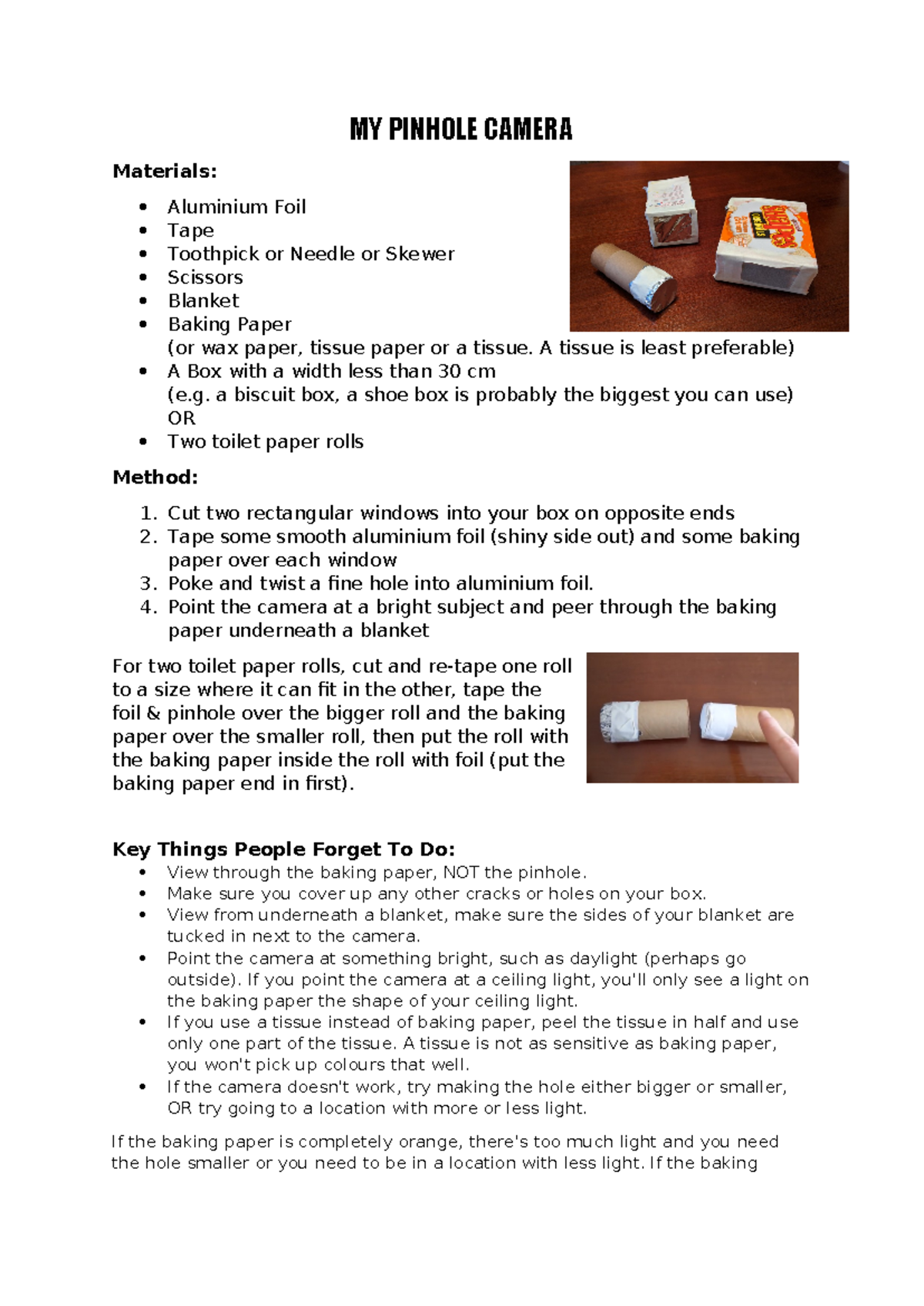 Pinhole Camera Write Up - MY PINHOLE CAMERA Materials: Aluminium Foil ...