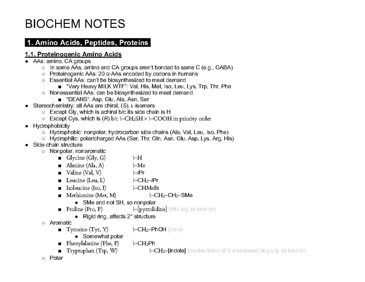 1 Biochem - BIOCHEM NOTES 1. Amino Acids, Peptides, Proteins 1 ...