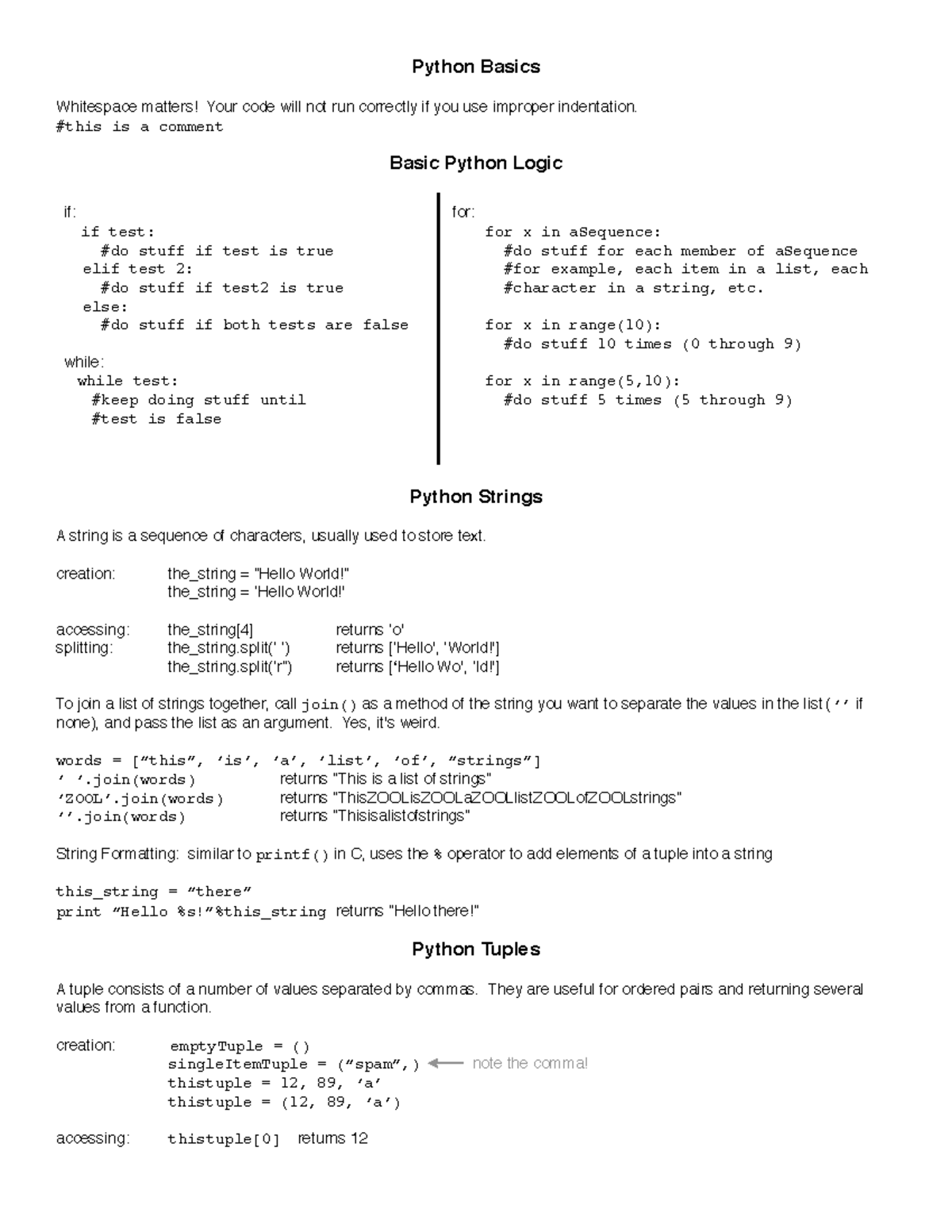 Python cheat sheet - Python Basics Whitespace matters! Your code will ...