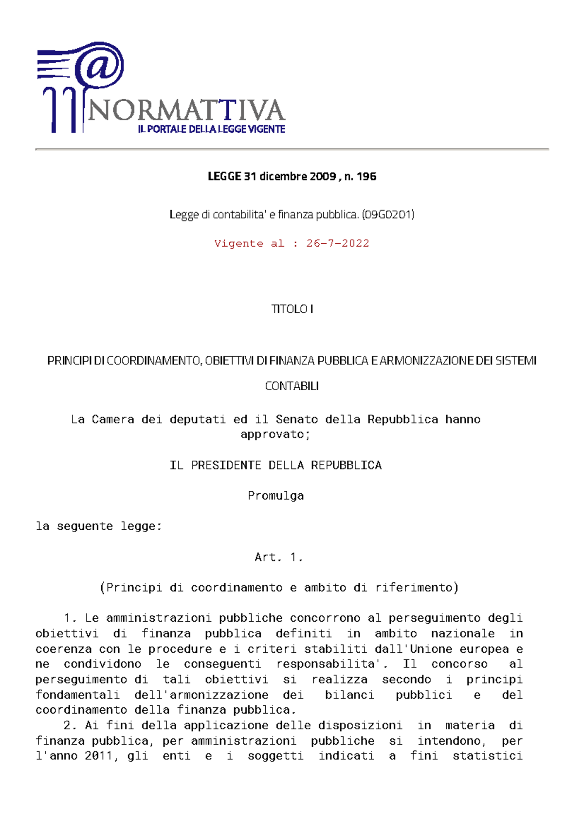 Legge 196 2009 - SDFAS - LEGGE 31 dicembre 2009 , n. 196 Legge di ...