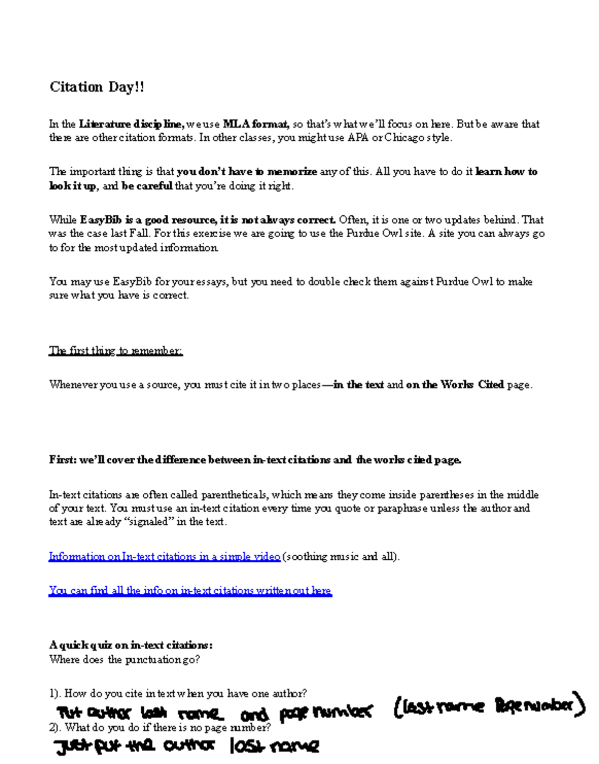 Citing activity Spring 2023 worksheet - Citation Day!! In the ...