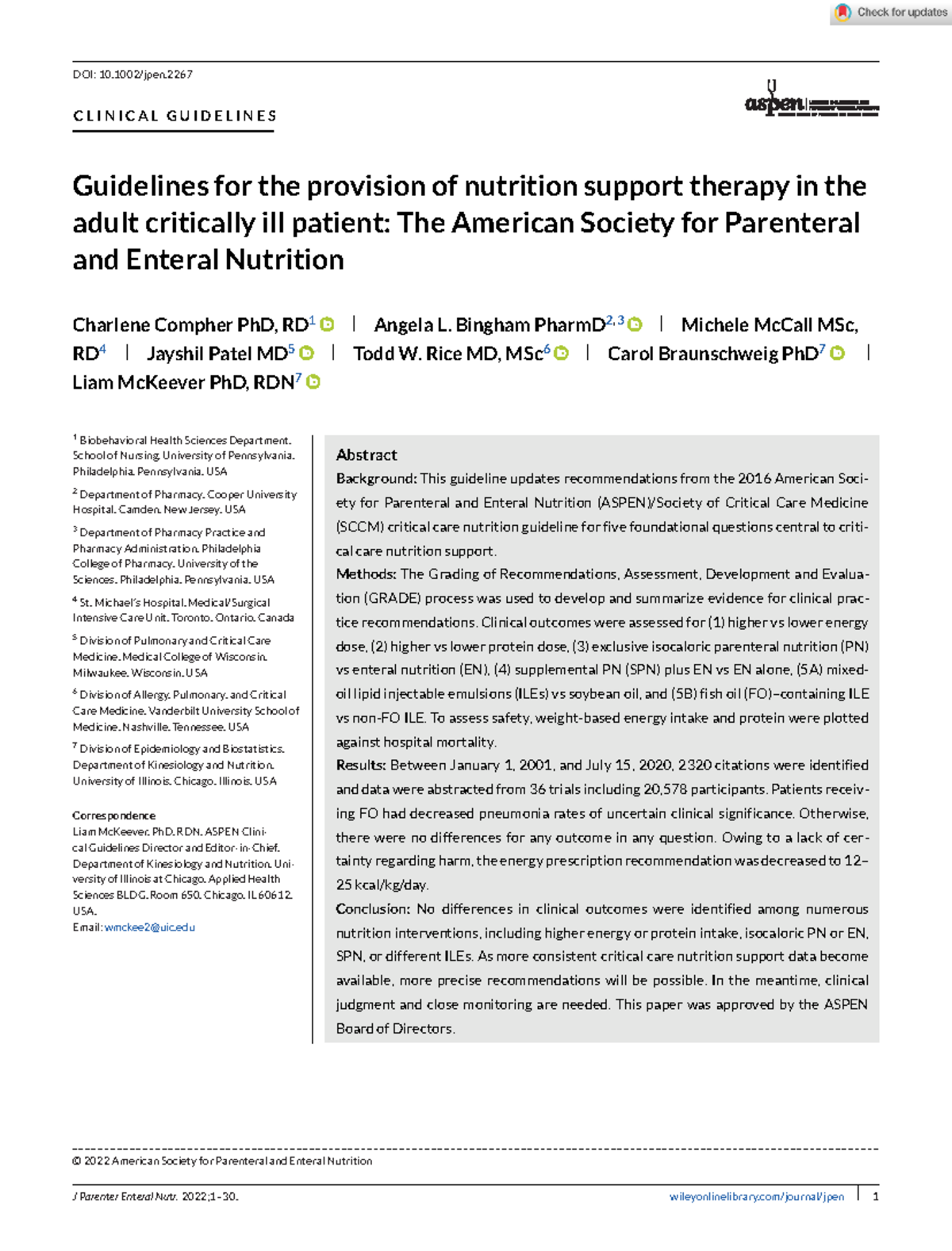 J Parenter Enteral Nutr - 2021 - Compher - Guidelines for the provision ...