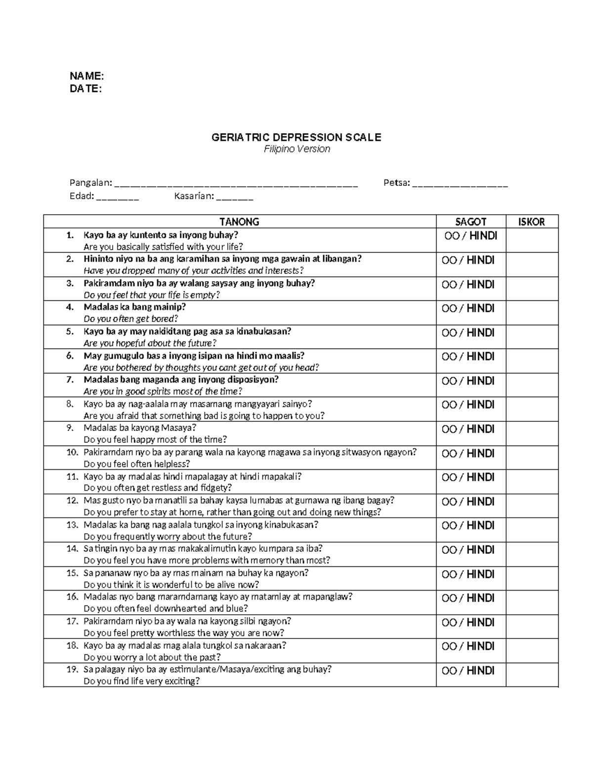 [Template] Geriatric Deppression Scale - NAME: DATE: GERIATRIC ...