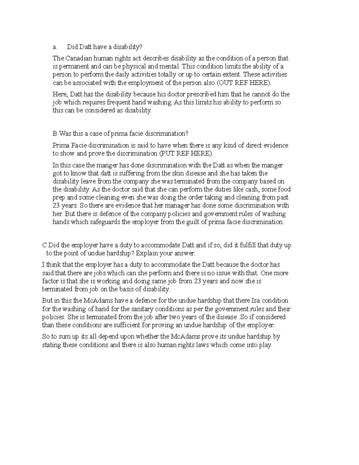 Ass222 - notes - a. Did Datt have a disability? The Canadian human ...