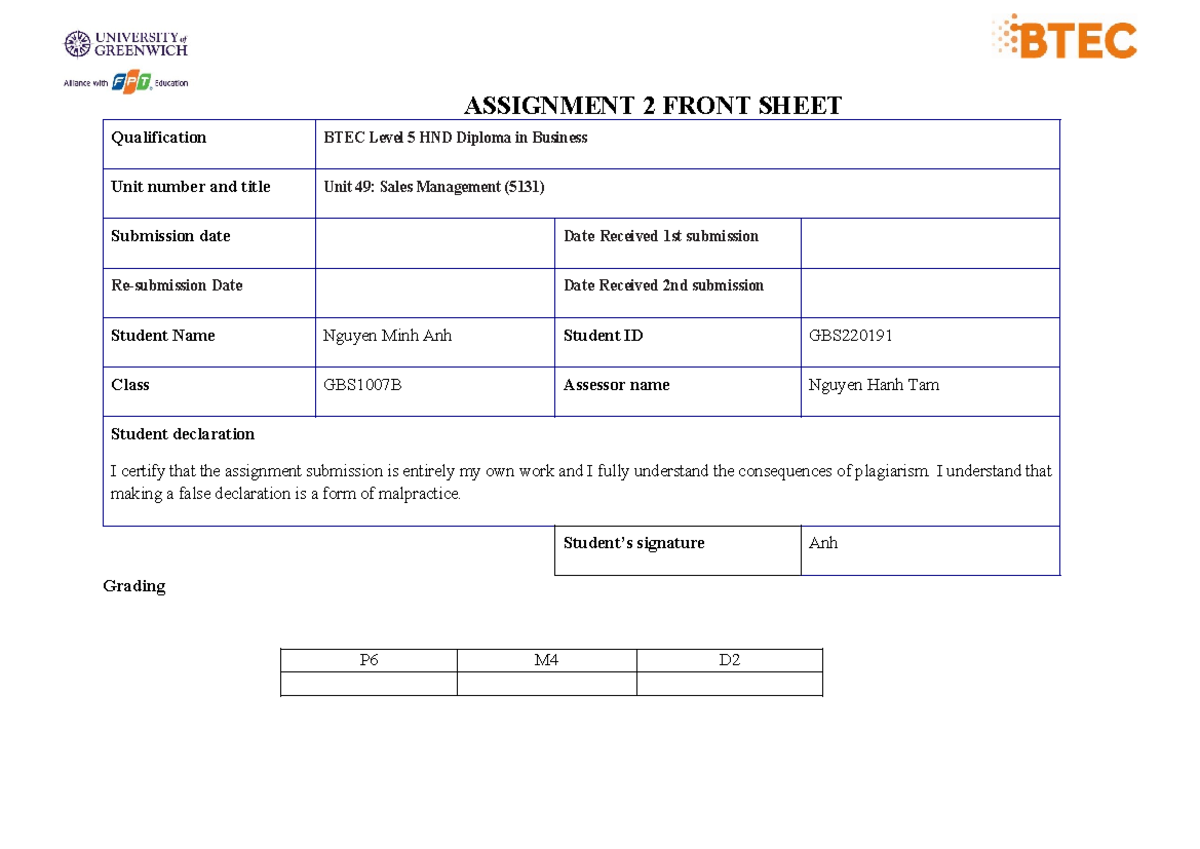1 Unit 49 5131 Assignment 2 frontsheet (2022) - ASSIGNMENT 2 FRONT SHEET Qualification BTEC ...