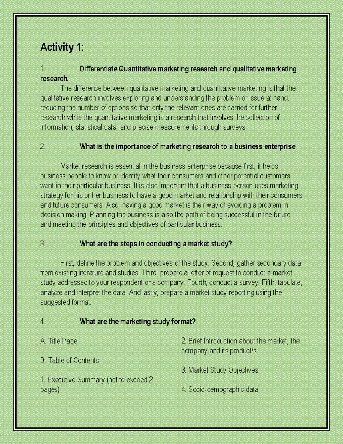 ABM (Marketing Research) - Activity 1: Differentiate Quantitative ...