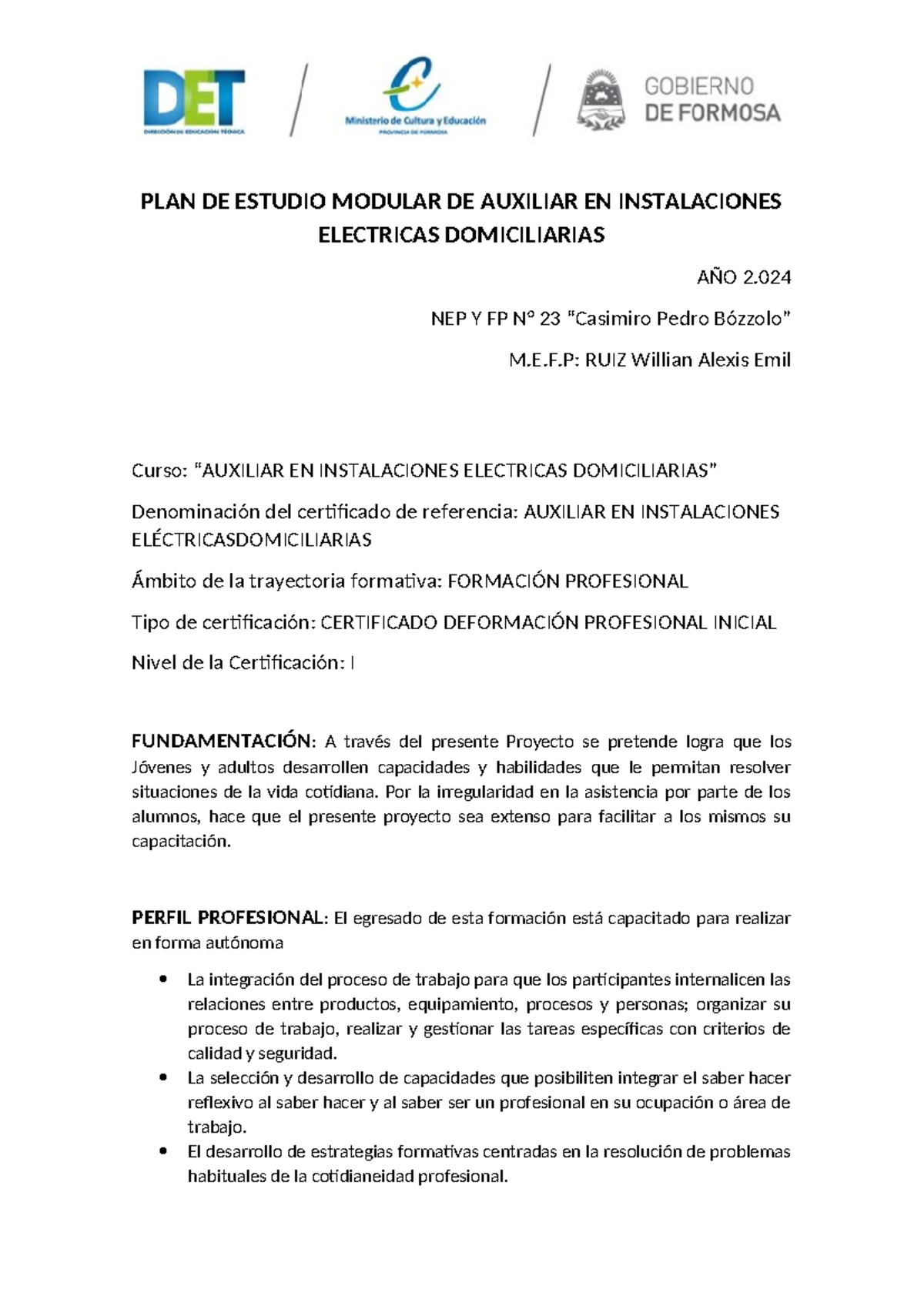 Plan de estudio de Auxiliar en instalaciones electricas 2024 - PLAN DE ESTUDIO MODULAR DE ...