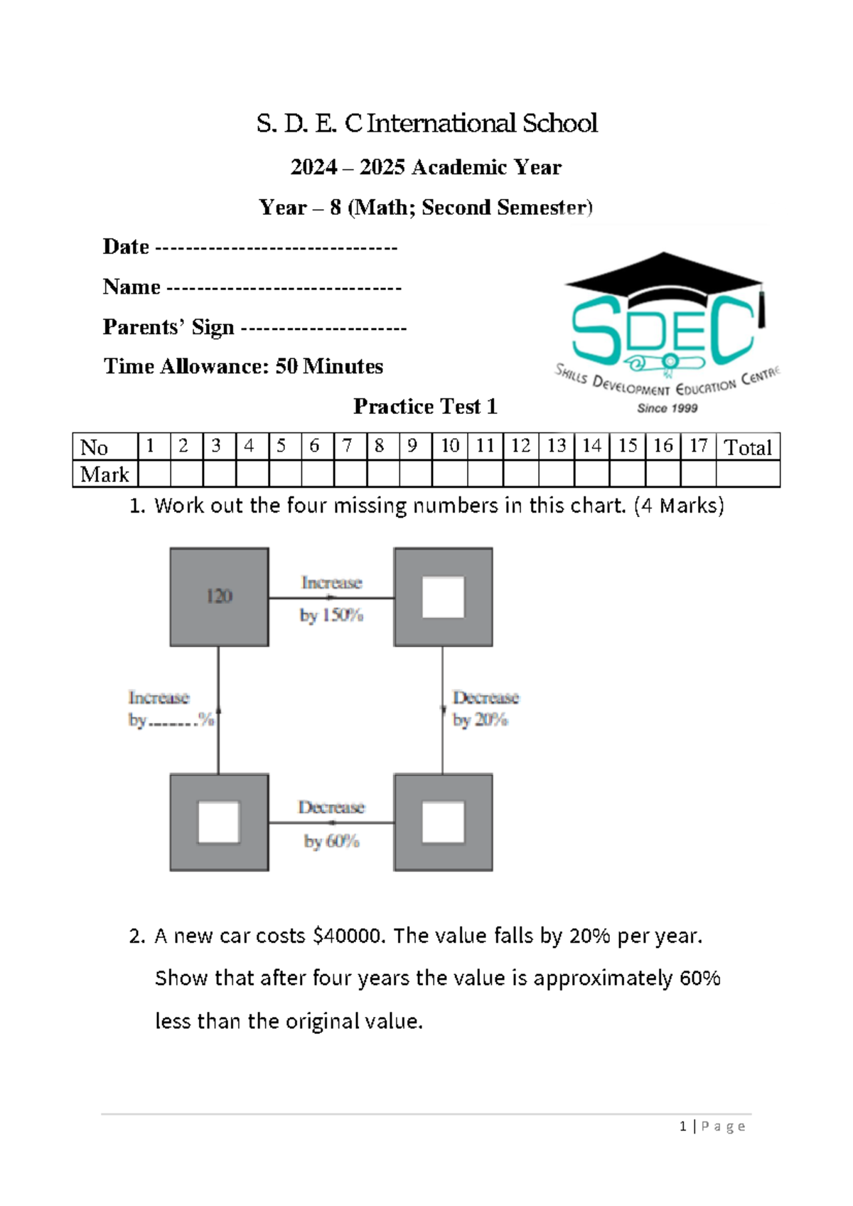 Year 8 Practice Test 1 - S. D. E. C International School 2024 – 2025 ...