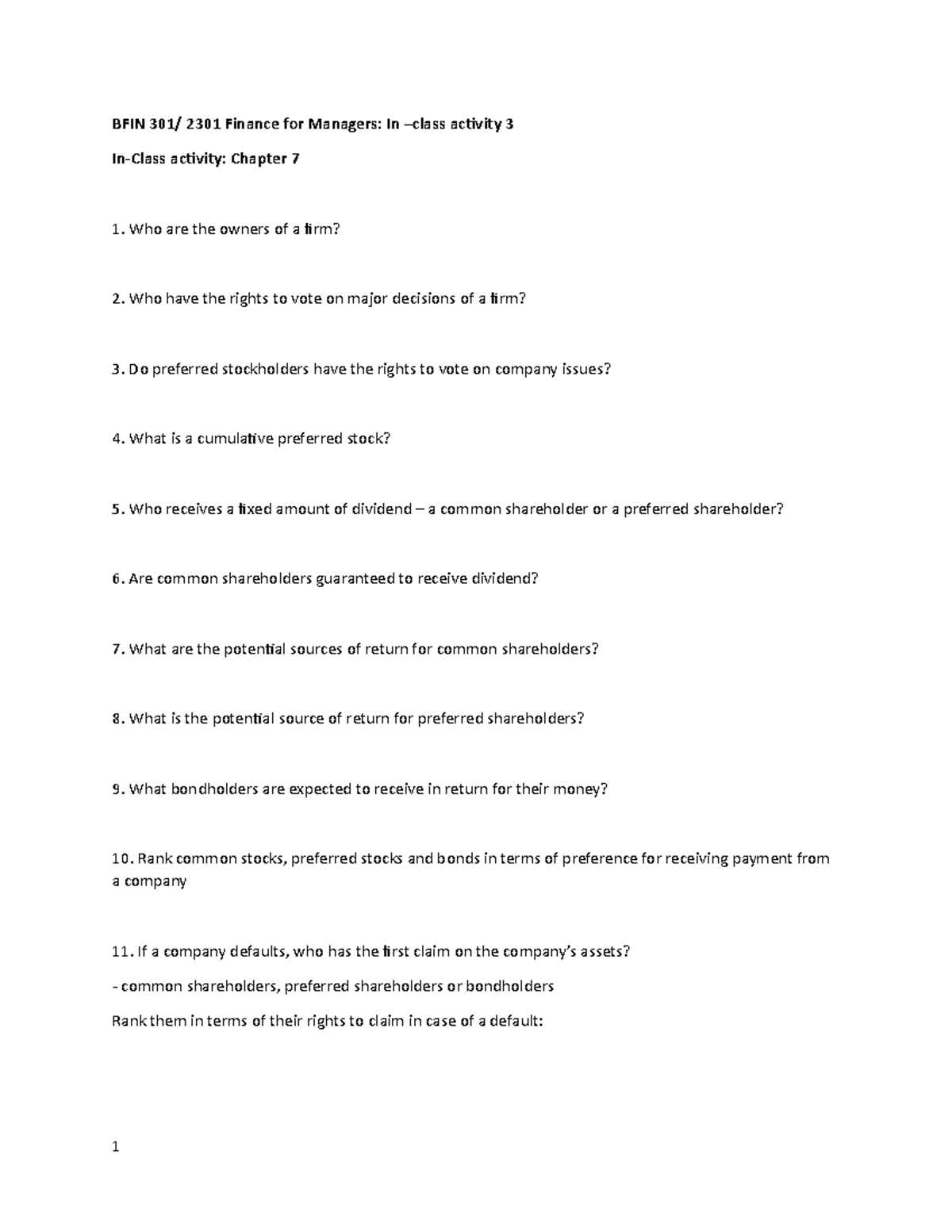 Chapter 7 - BFIN 301/ 2301 Finance for Managers: In –class activity 3In-Class activity: Chapter ...