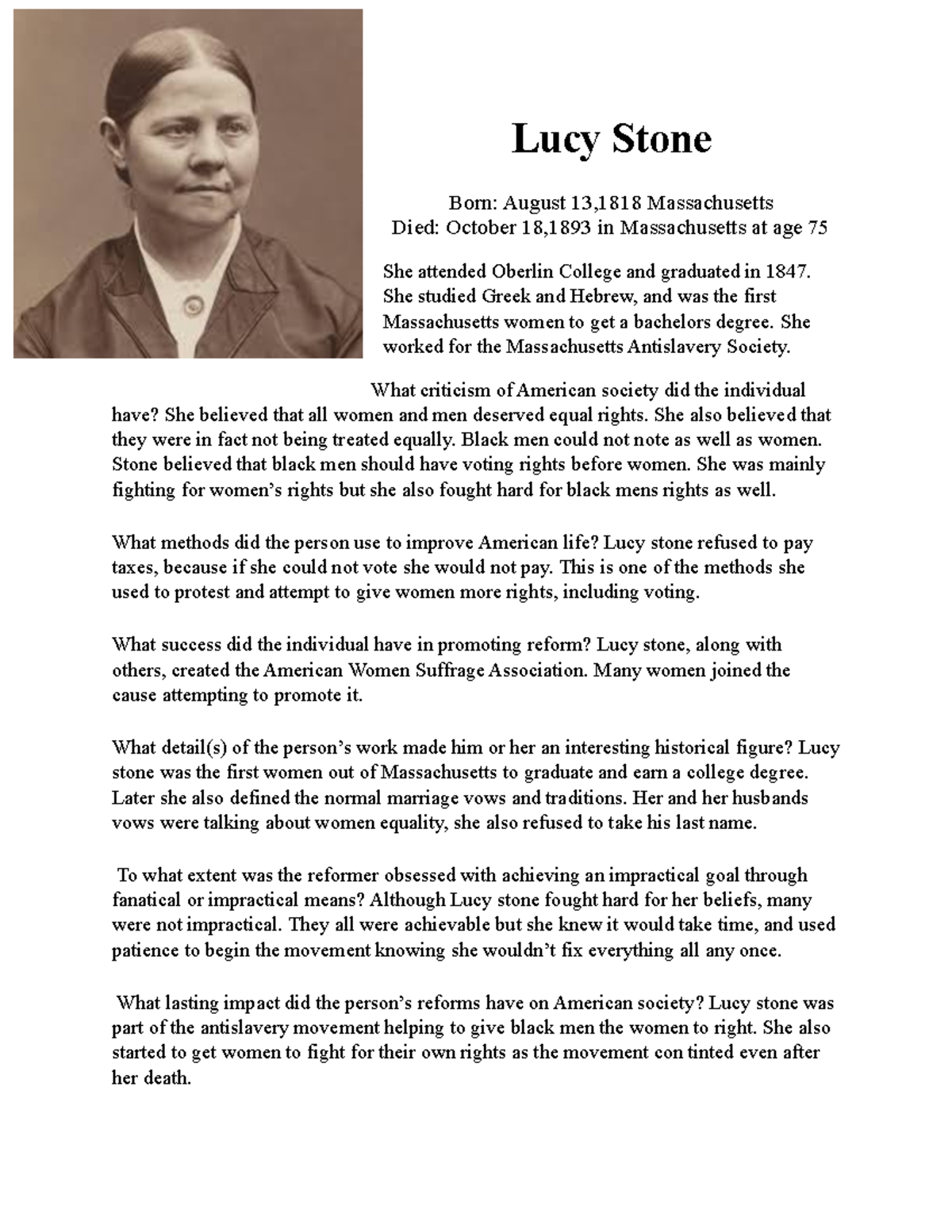 Lucy stone 2 - for people of the past. - Lucy Stone Born: August 13 ...