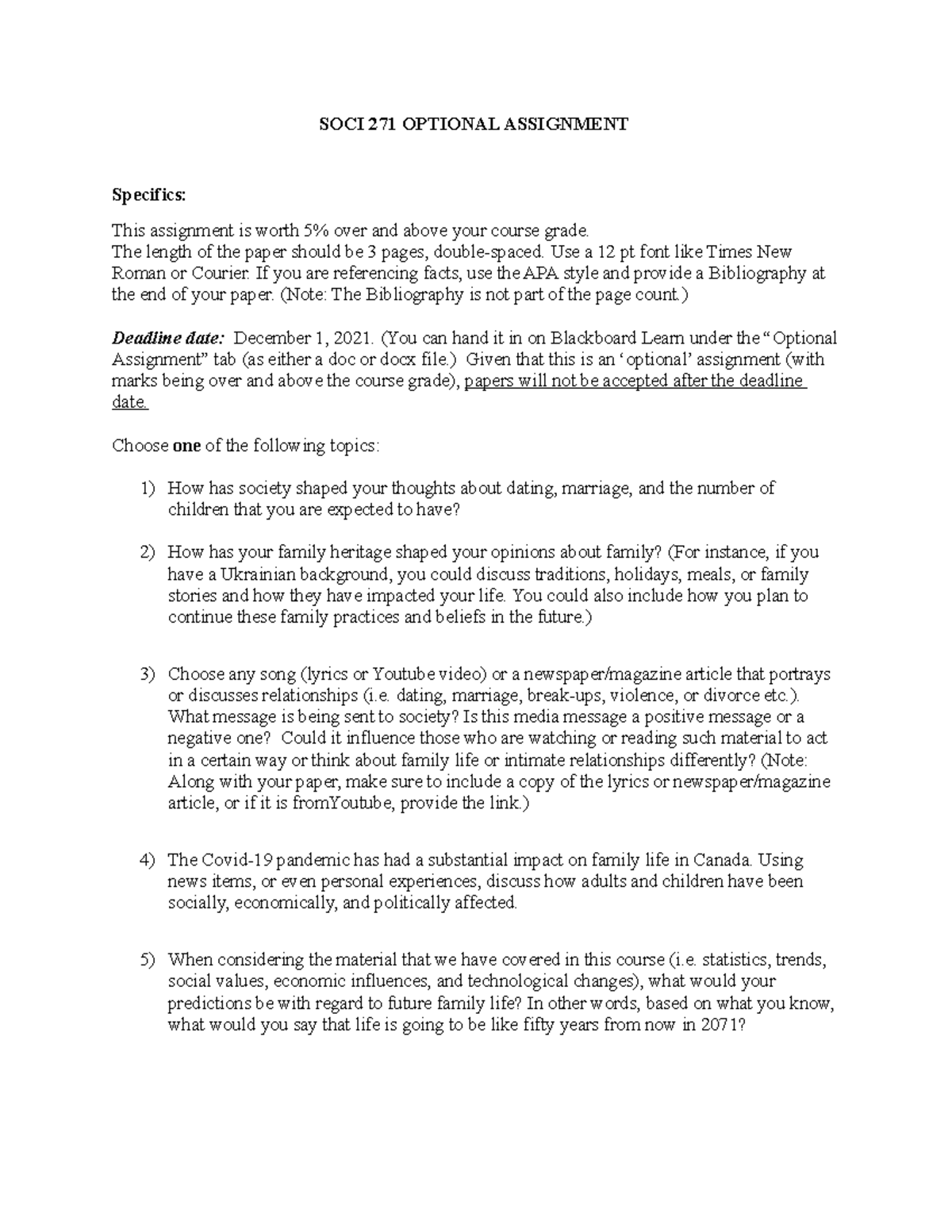 SOCI 271 Optional Assignment (Fall 2021) - SOCI 271 OPTIONAL ASSIGNMENT ...