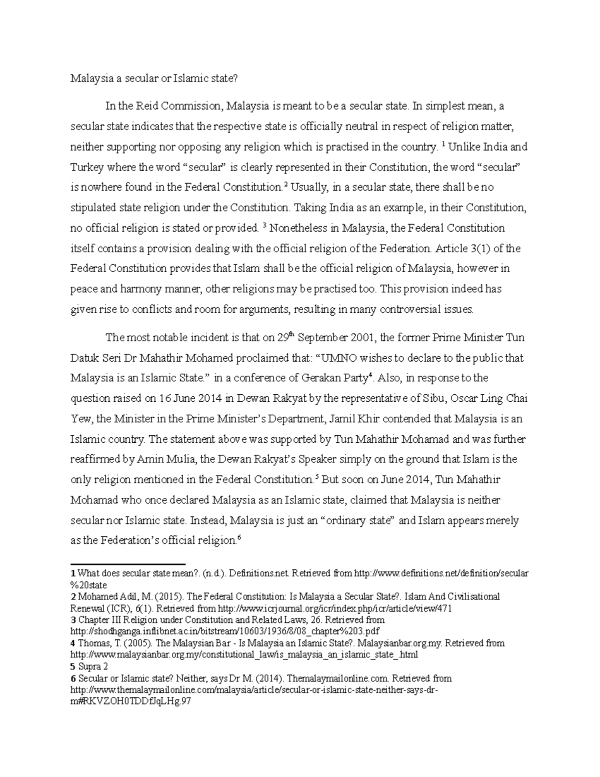 Assignment - Malaysia a secular or Islamic state? In the Reid ...