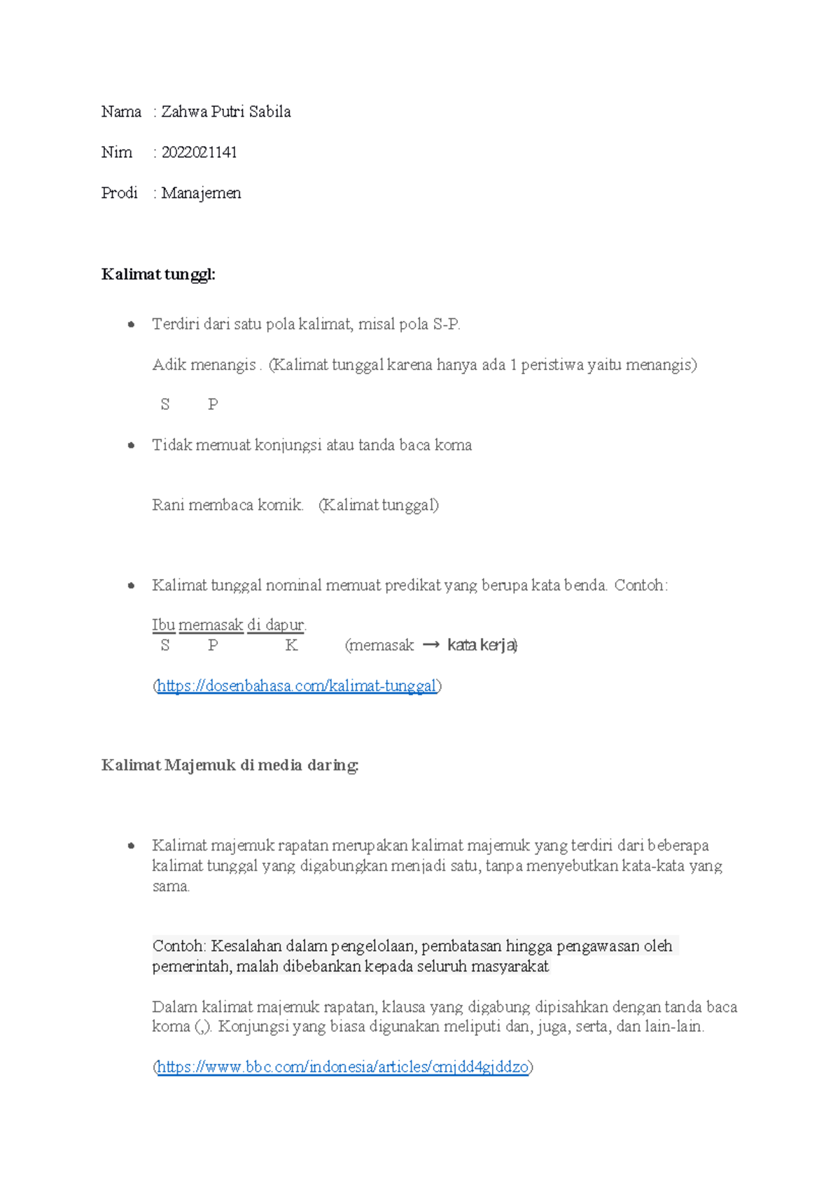 Bahasa Indonesia - Zahwa Putri Sabila 1 - Nama : Zahwa Putri Sabila Nim ...