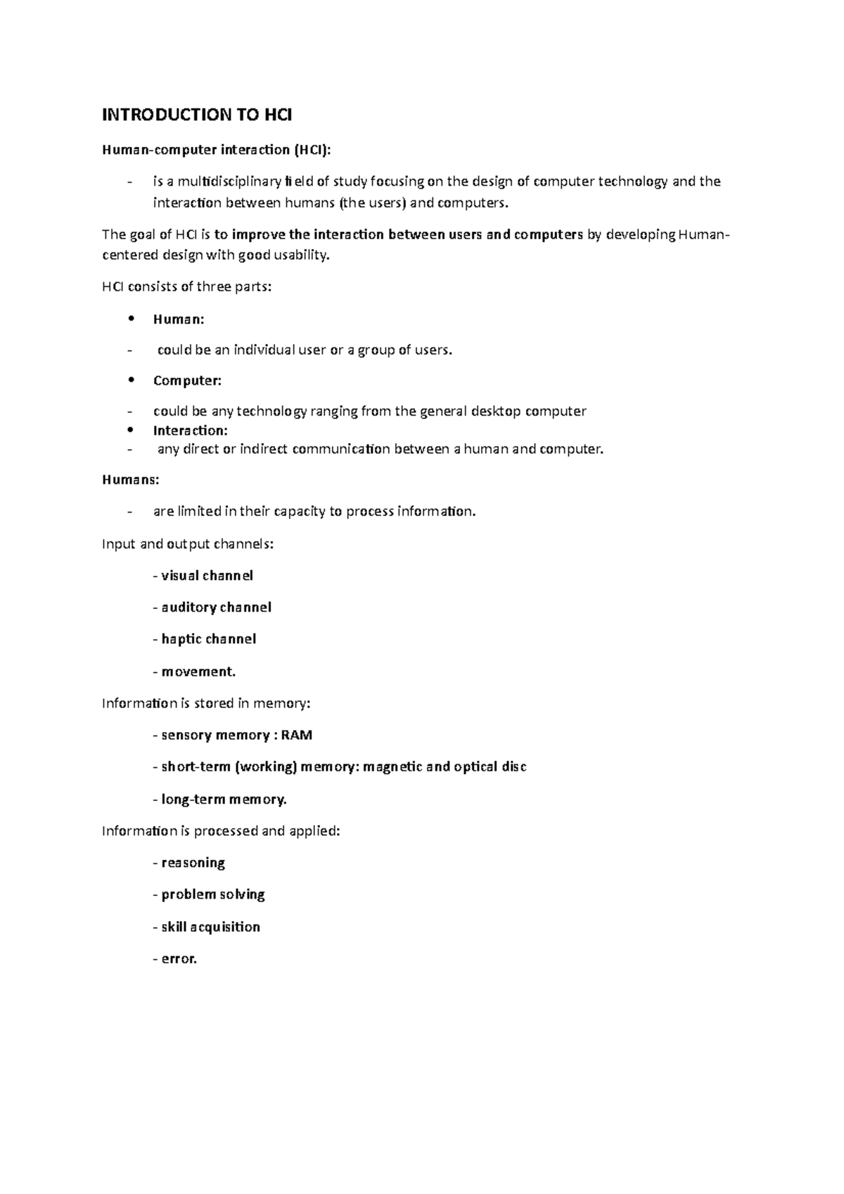 Study guide for HCI - Notes - INTRODUCTION TO HCI Human-computer ...