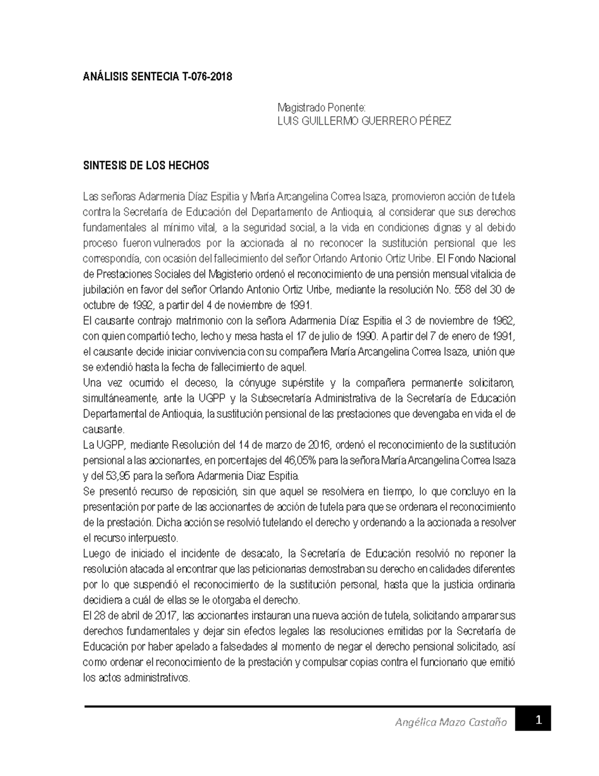 Análisis Sentecia T - Estudio de derecho - Angélica Mazo Castaño 1 ...