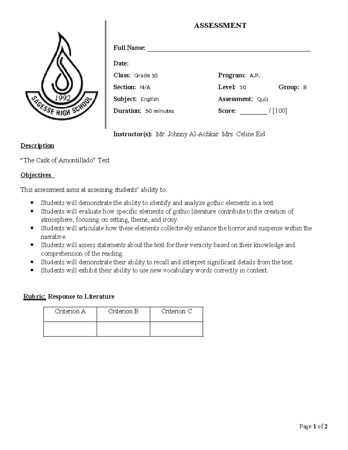The Cask of Amontillado Grade 10 AP Test - ASSESSMENT Full Name: - Studocu