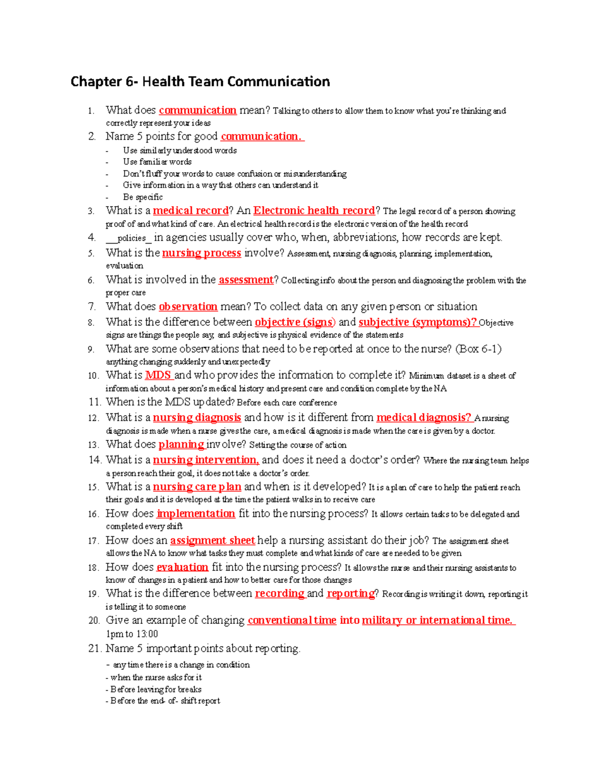 Chapter 6 notes - Chapter 6- Health Team Communication What does ...