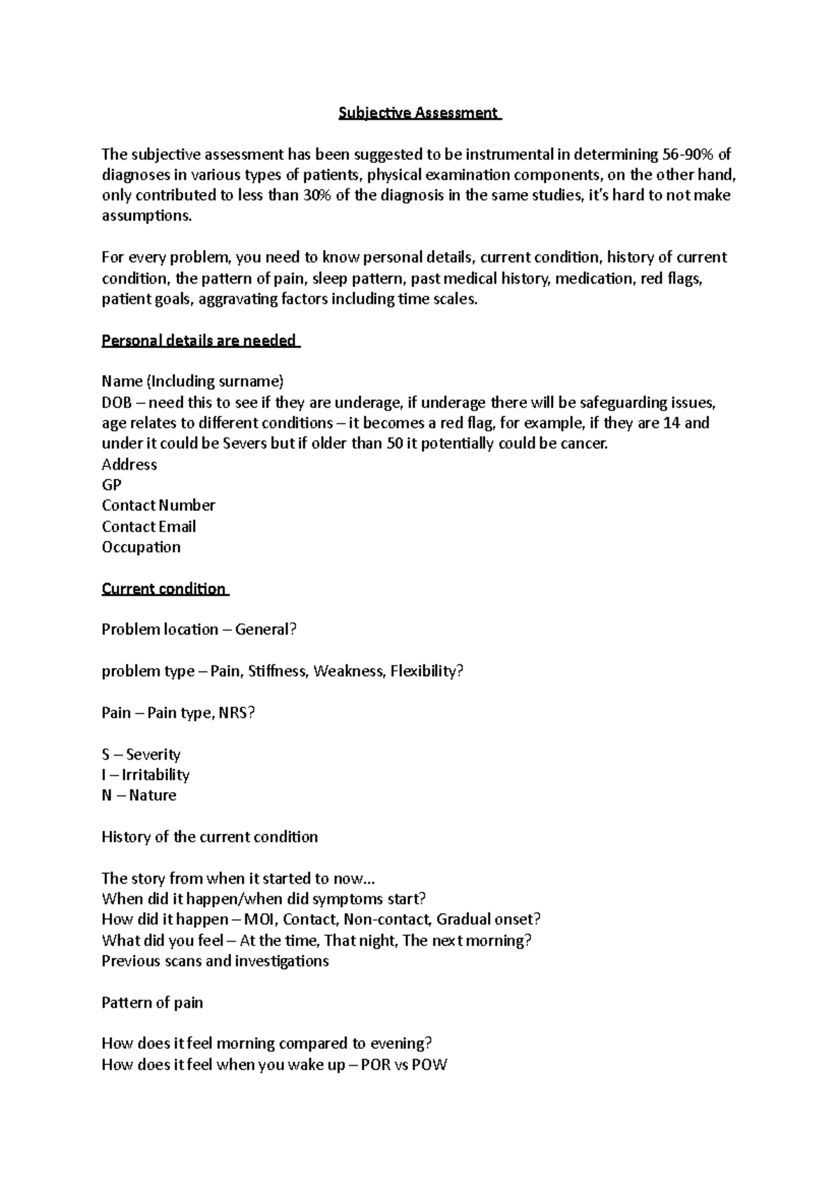 Subjective Assessment - Sports therapy 2 - Subjective Assessment The ...