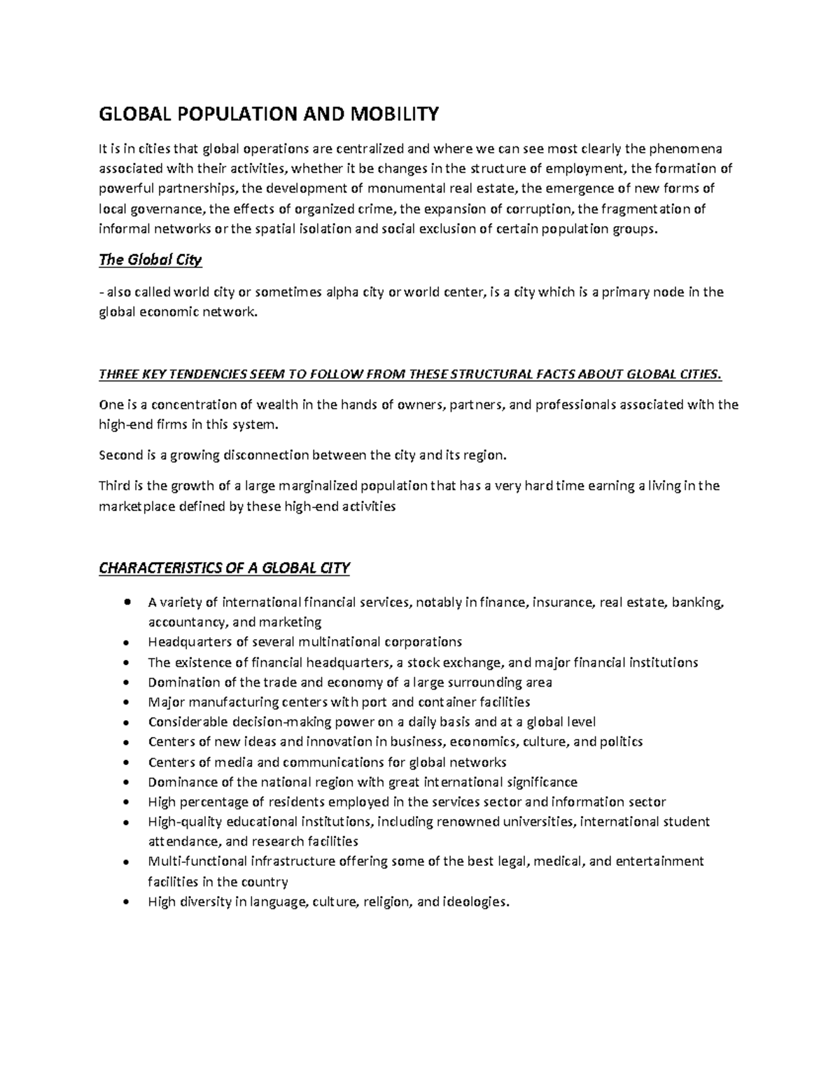Global Population and Mobility - GLOBAL POPULATION AND MOBILITY It is ...
