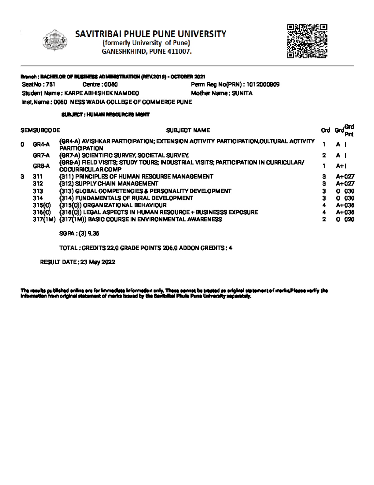 Savitribai Phule Pune University, Online Result - Branch : BACHELOR OF ...