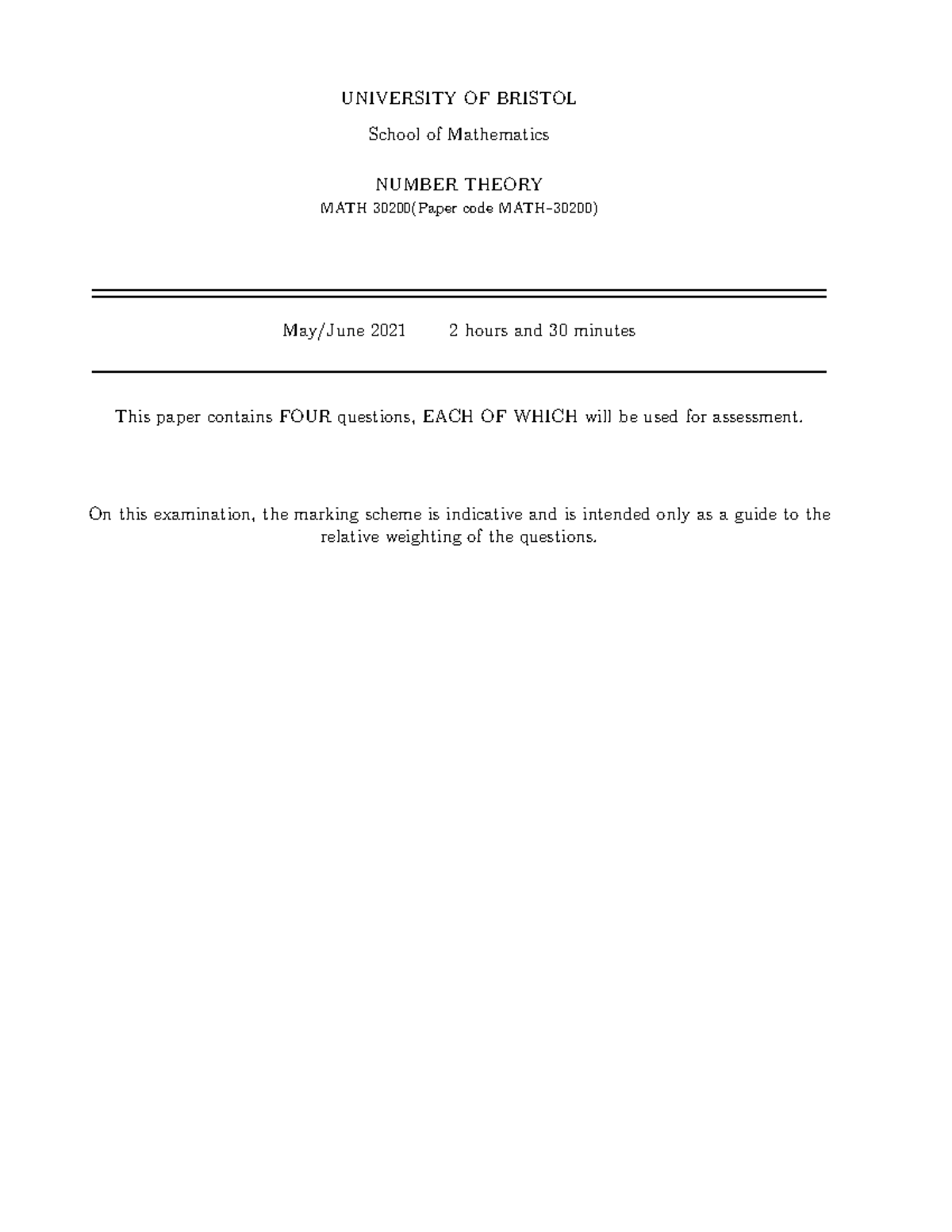MATH30200 EXAM - Past paper - UNIVERSITY OF BRISTOL School of ...