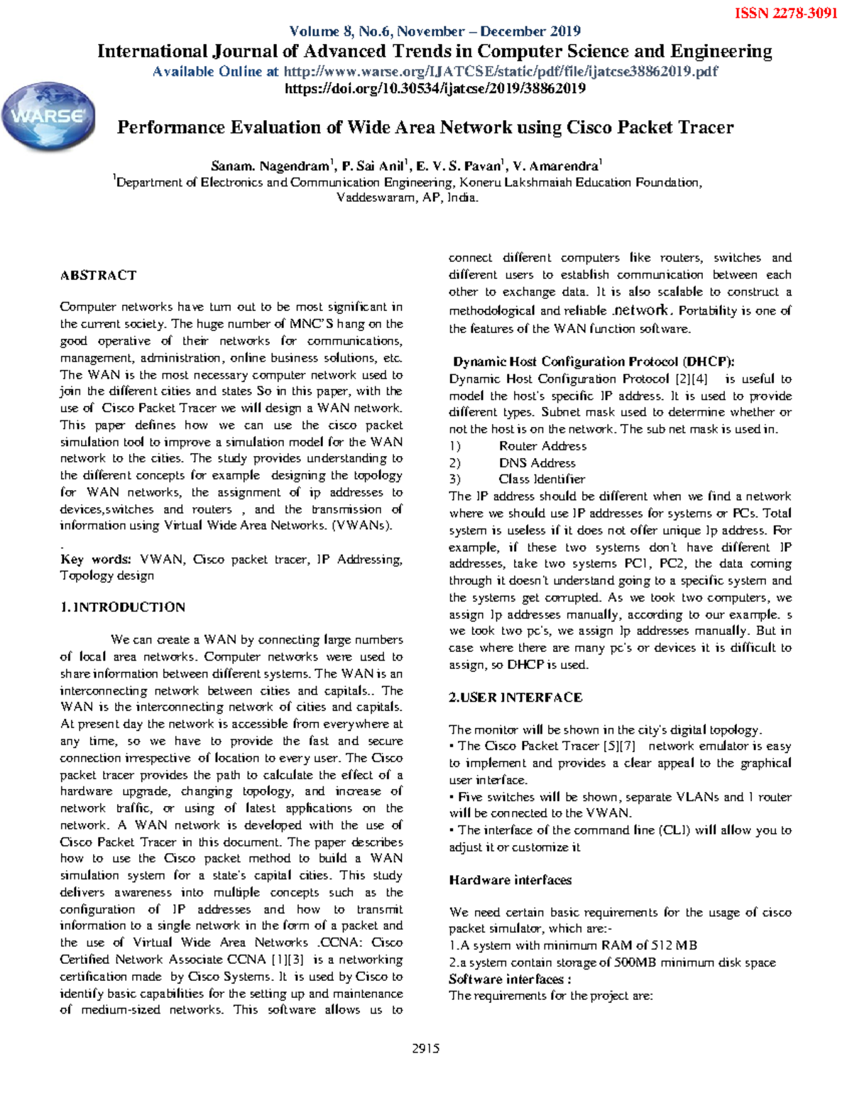 Wide Area Network Using Cisco Packet Tracer Sanam Nagendram Et Al International Journal Of