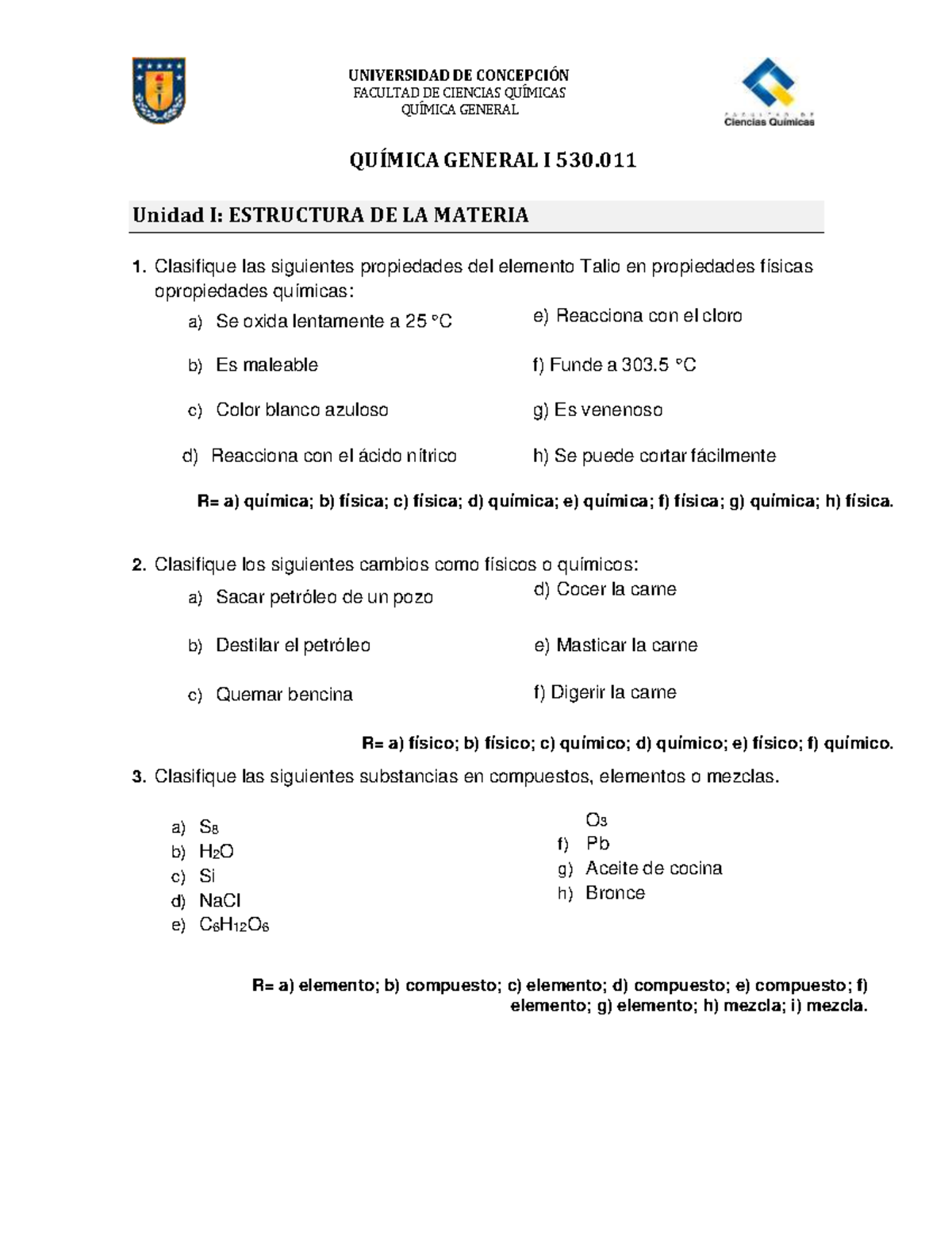 Unidad 1 - Unidad I: ESTRUCTURA DE LA MATERIA UNIVERSIDAD DE CONCEPCI”N FACULTAD DE CIENCIAS ...