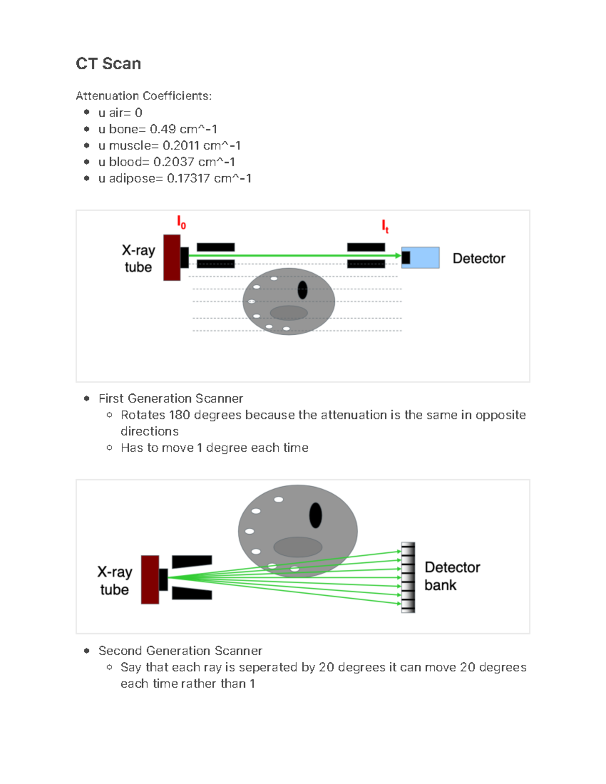 CT Scan - notes - CT Scan Attenuation Coefficients: u air= 0 u bone= 0 ...