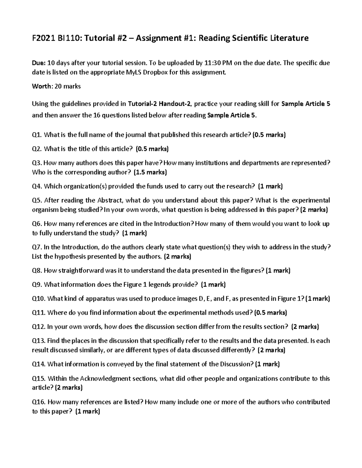F2021 Tutorial 2 Assignment 1 - Reading Scientific Literature - F2021 BI110: Tutorial #2 – - Studocu