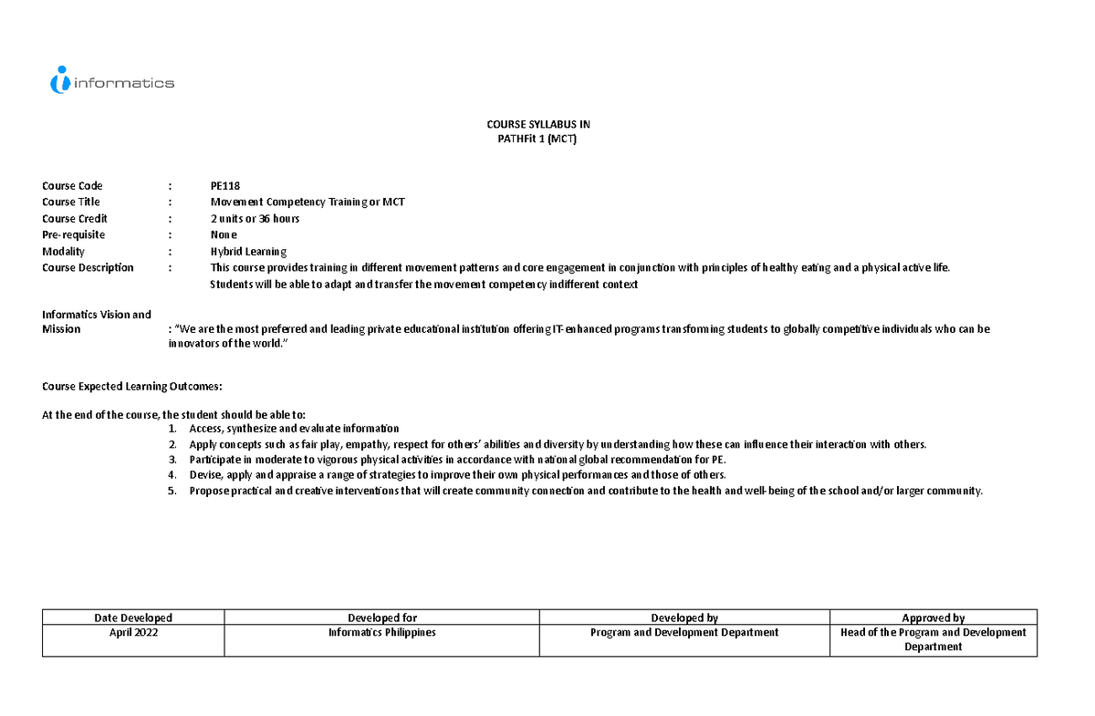 Pdfcoffee - path fit 1 - COURSE SYLLABUS IN PATHFit 1 (MCT) Course Code ...