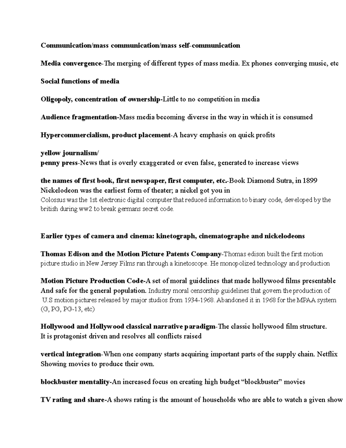 Media Studies Midterm Study Guide - Communication/mass communication ...
