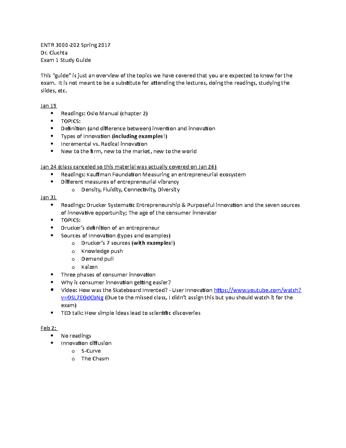 ENTR 3000-202 Spring 2017 Exam 1 Study Guide - ENTR 3000-202 Spring ...