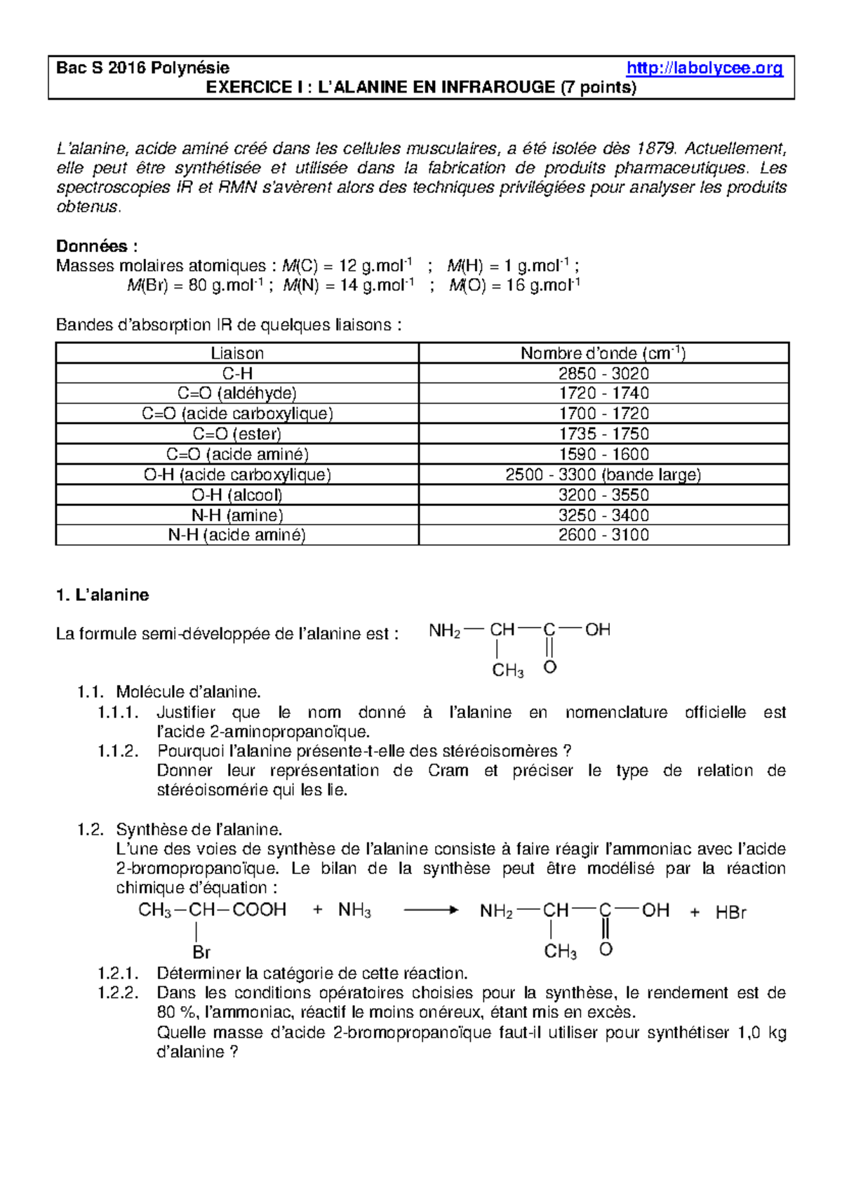 2016 Polynesie Exo1 Sujet Alanine IR 7pts - Bac S 2016 Polynésie labolycee EXERCICE I : L ...