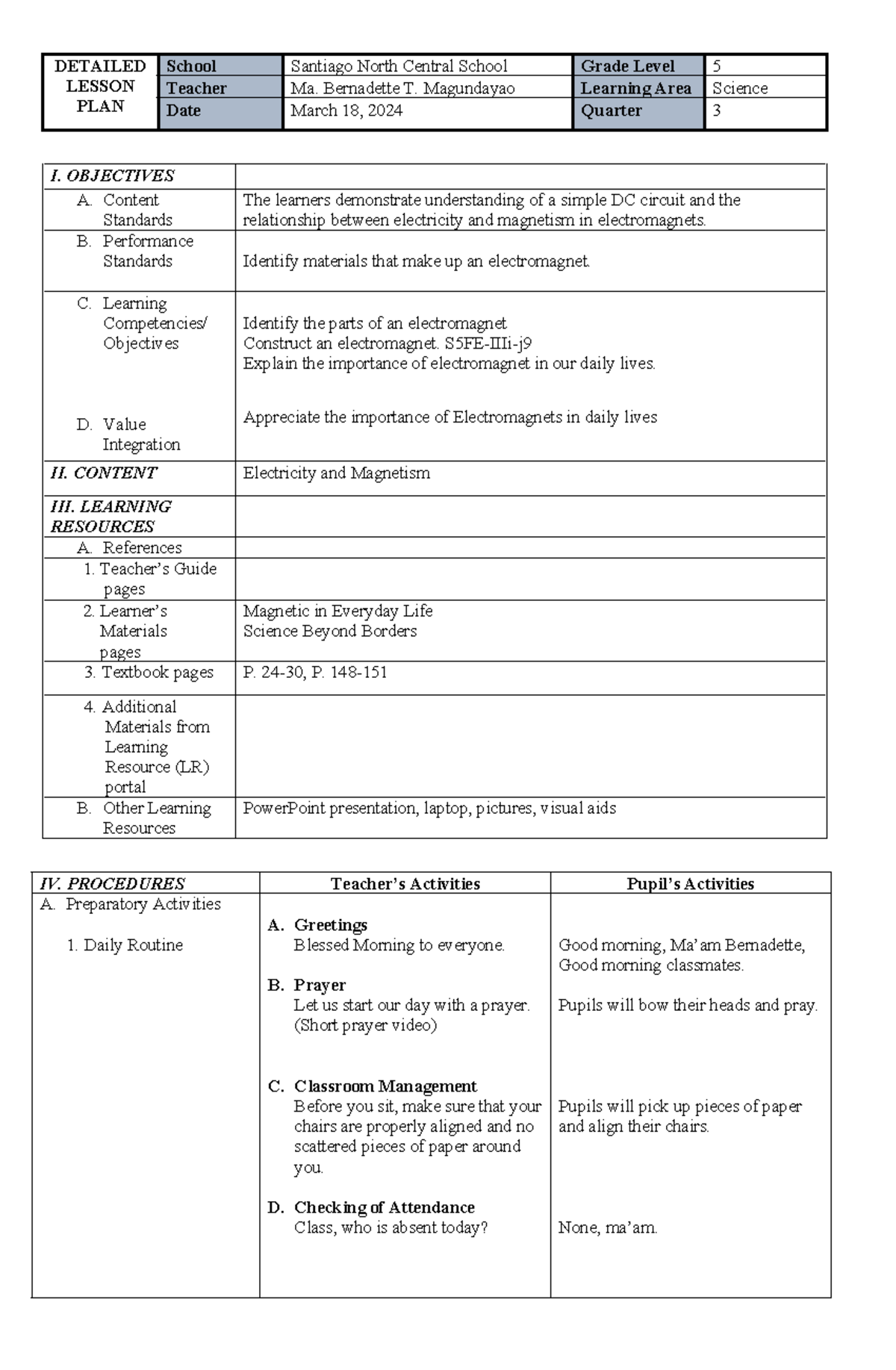 DLP- Electromagnetism - DETAILED LESSON PLAN School Santiago North ...