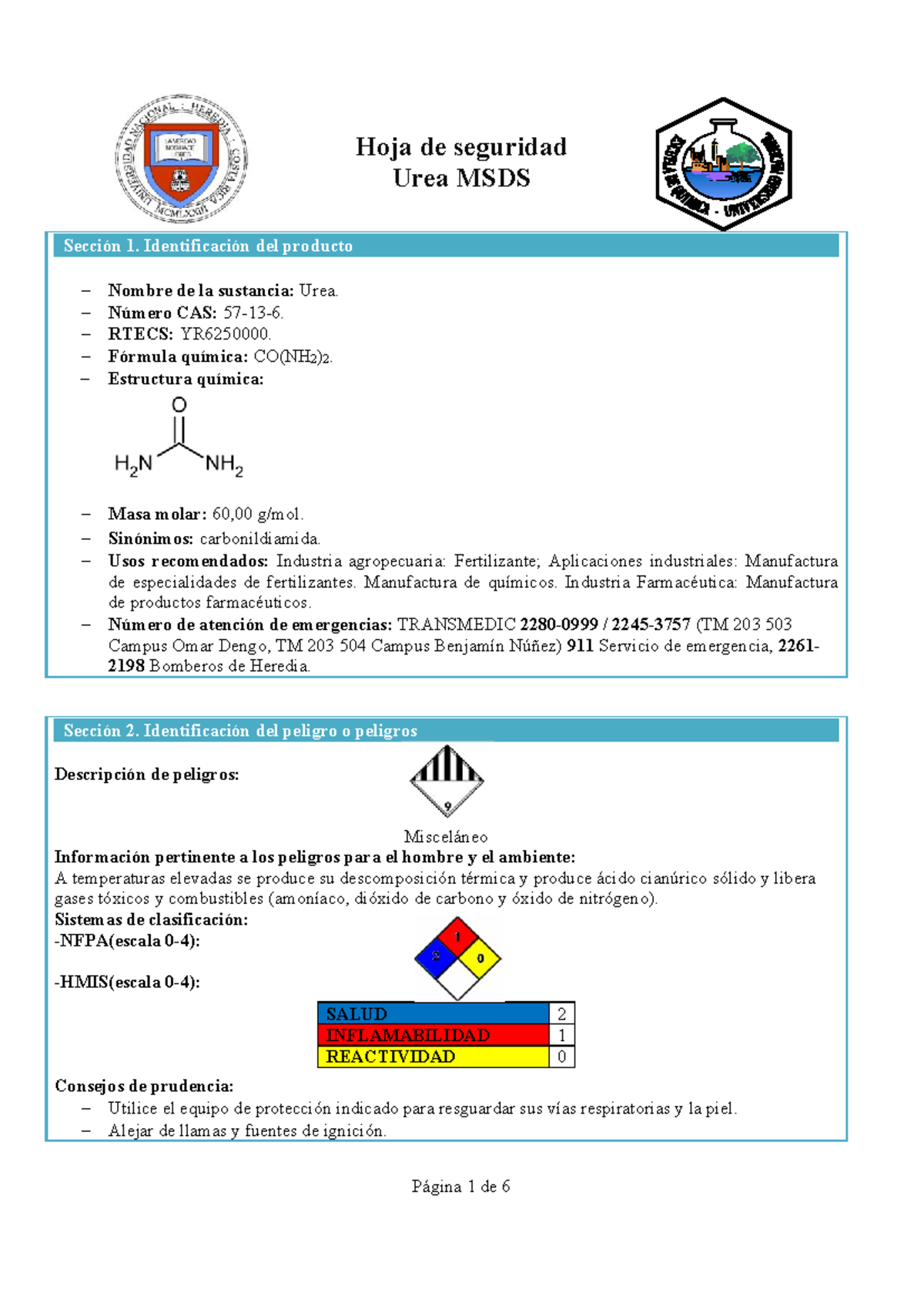 Urea - ertyhujiklopñóiuytr - Hoja de seguridad Urea MSDS Sección 1 ...