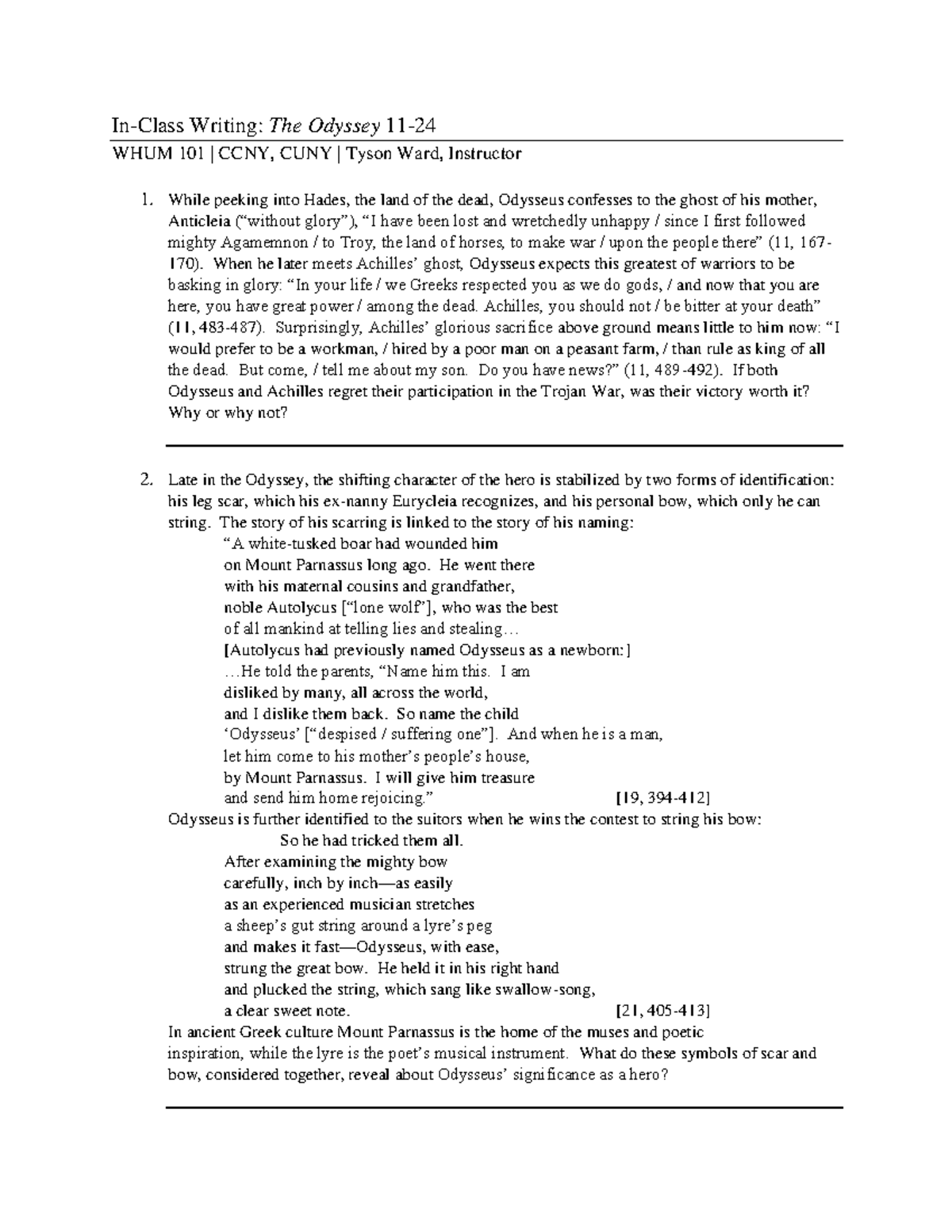 152942180 - course work - In-Class Writing: The Odyssey 11 - 24 WHUM ...