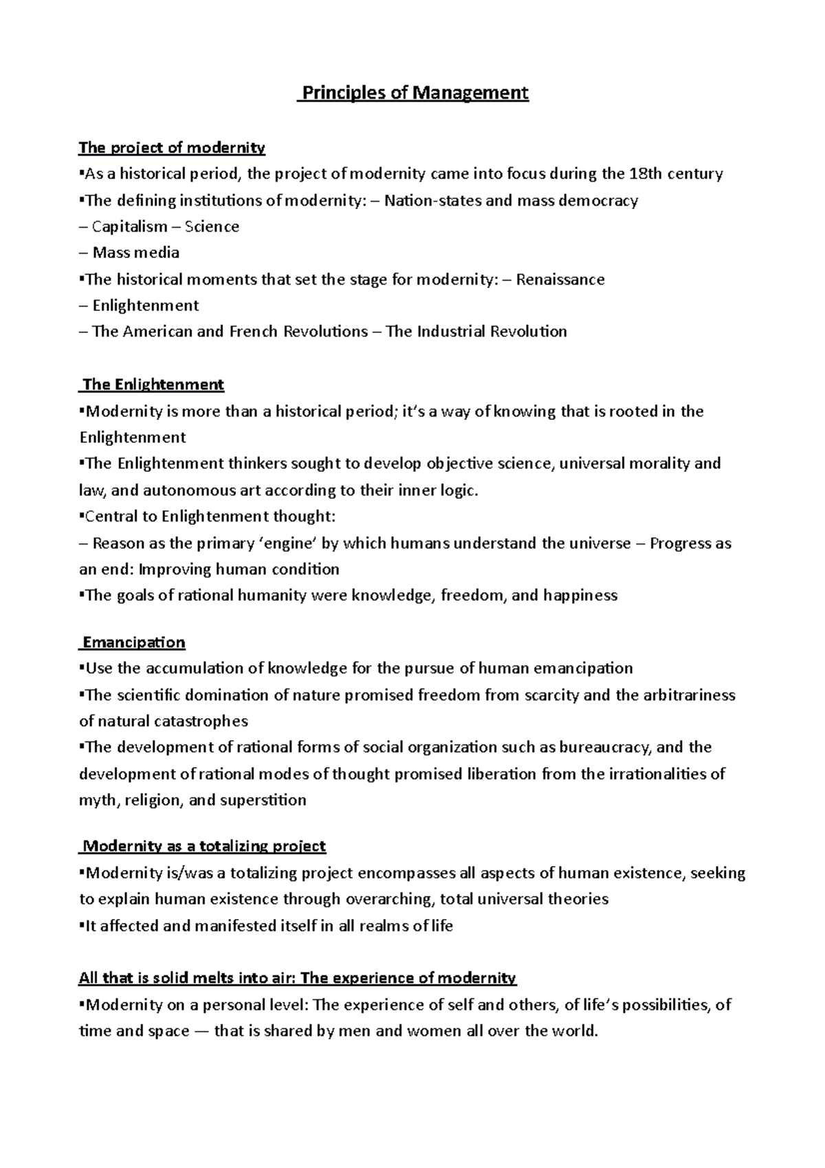 Principles of Management and the Project of Modernity - Studocu