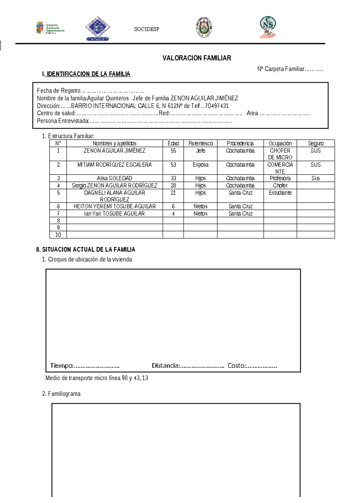 Formulario DE Valoracion Familiar zenon - VALORACION FAMILIAR I. IDENTIFICACION DE LA FAMILIA 1 ...