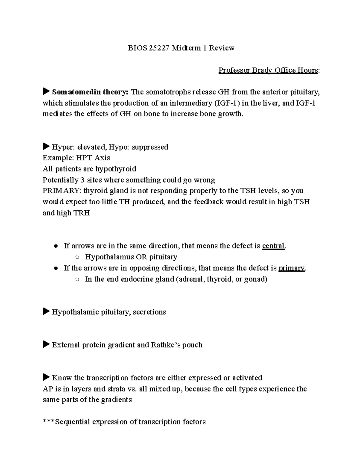 BIOS 25227 Midterm 1 Review - BIOS 25227 Midterm 1 Review Professor Brady Office Hours: - Studocu